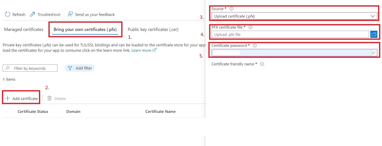 From Cloudflare make a pfx certificate and upload to Azure Server
